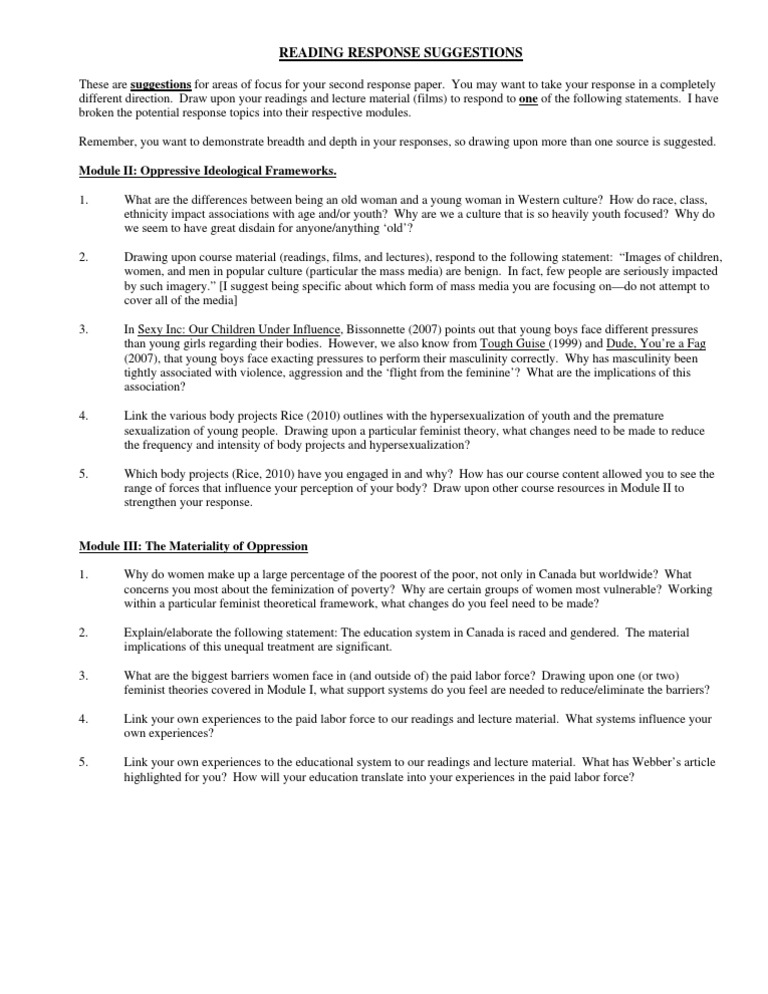 Reading Response - 2 Topics | PDF