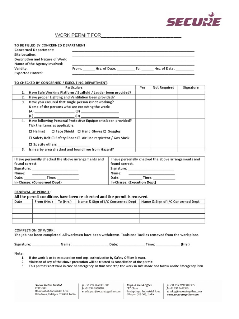 Work Permit For Running Plant | PDF | Personal Protective Equipment ...