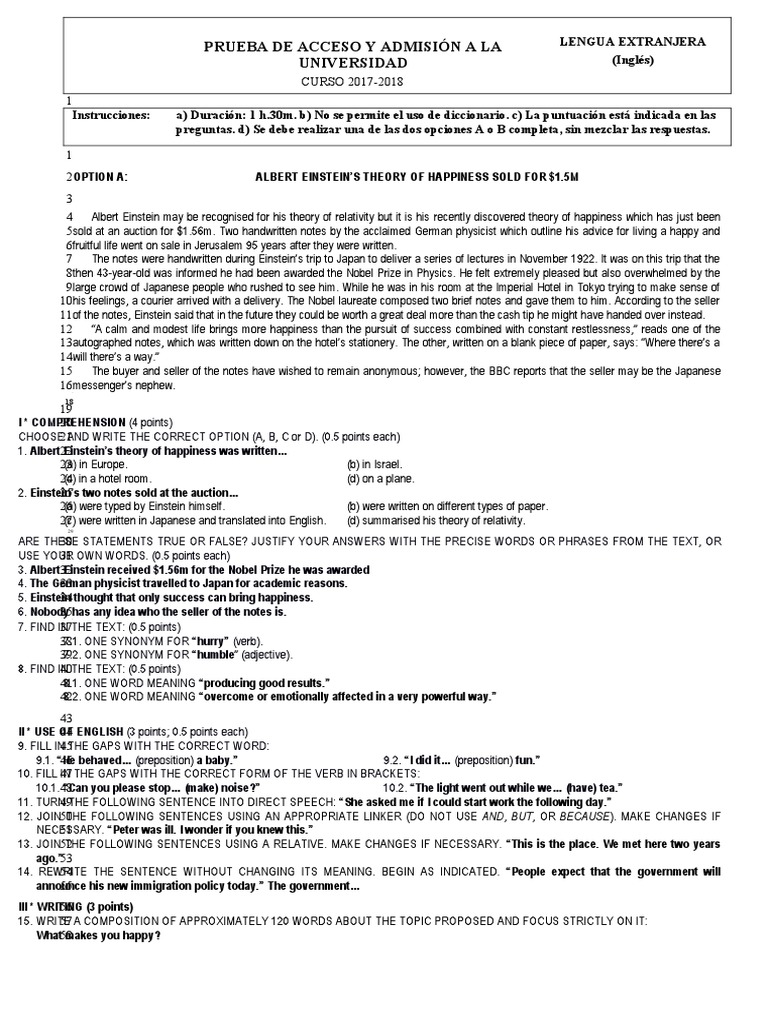 2A Ingles EinsteinsTheoryEXAMEN | PDF | Albert Einstein | Linguistics