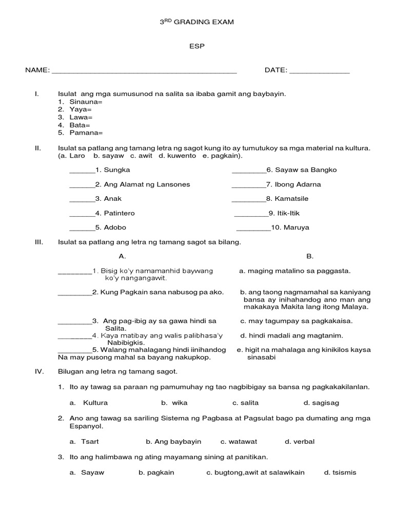 3rd Grading Exam Grade 4 | PDF