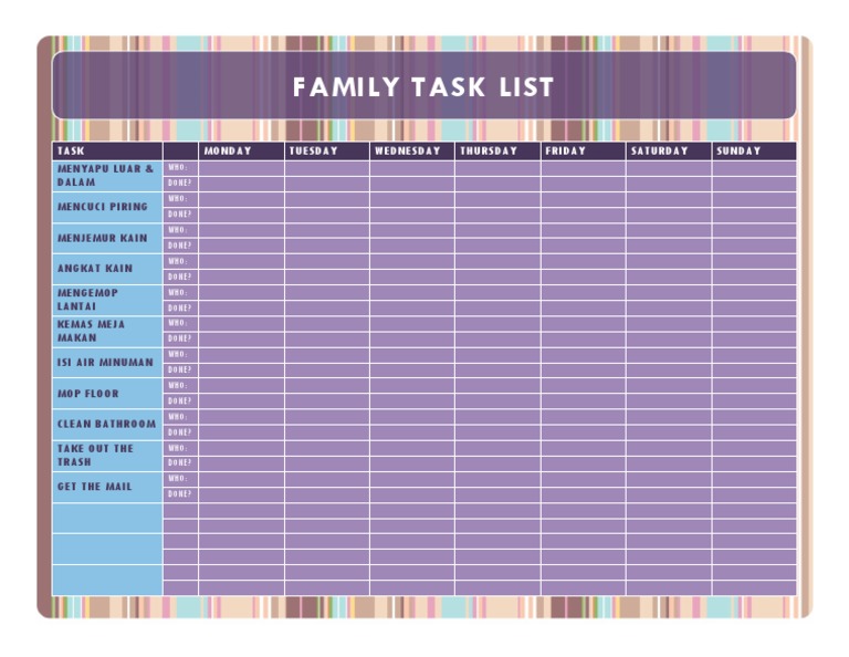 Family Task List: Task Monday Tuesday Wednesday Thursday Friday ...