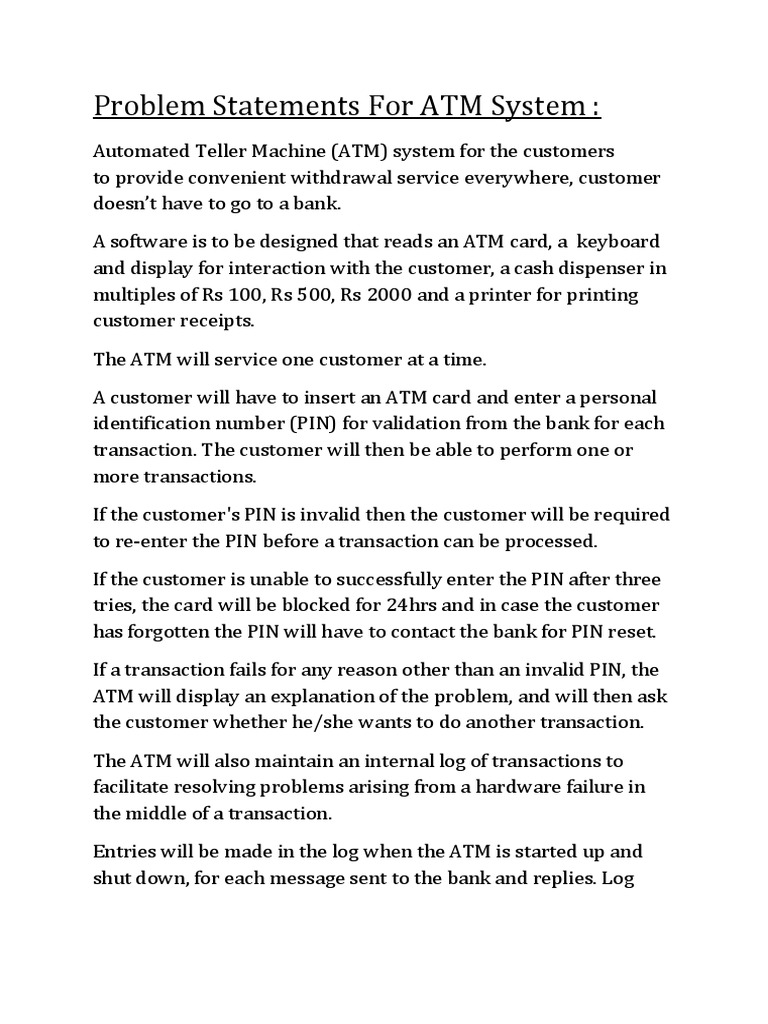 ATM System Problem Statements | PDF