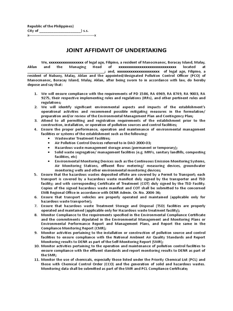 Joint Affidavit of Undertaking PCO MH DENR | Hazardous Waste | Air ...