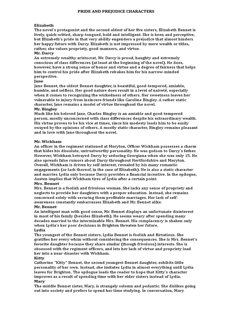 Pride and Prejudice Character Analysis | PDF | Pride And Prejudice | Mr ...