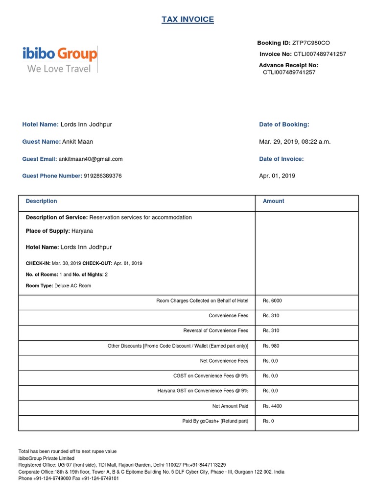 Hotel Booking Invoice | PDF | Invoice | Rupee