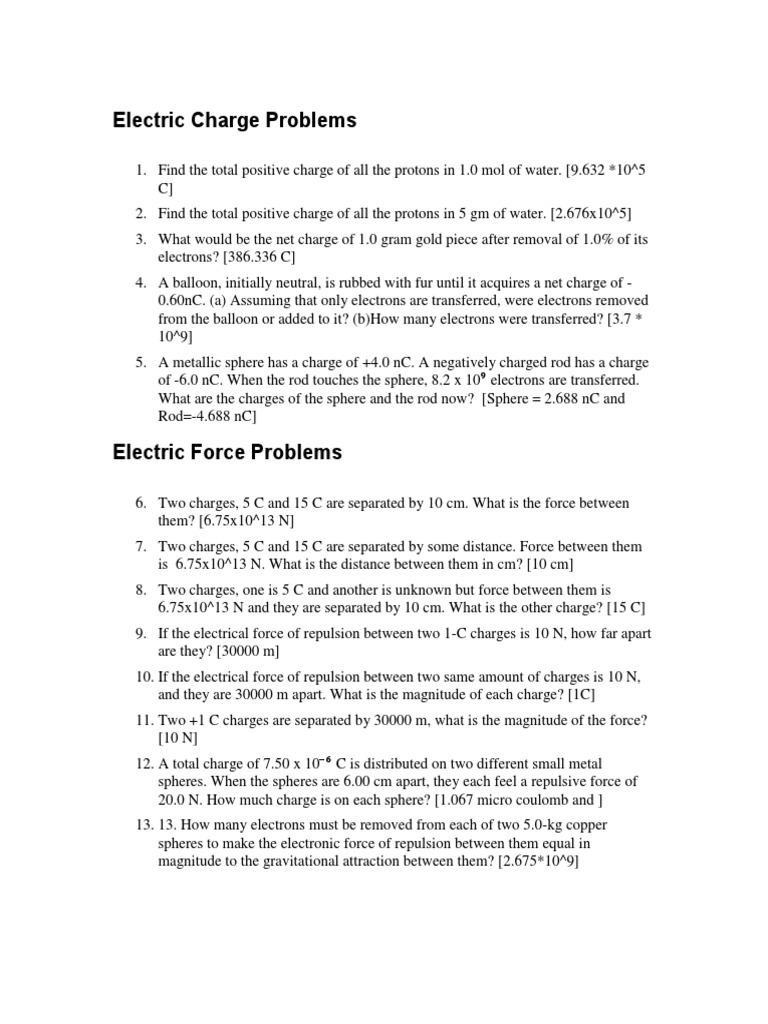 Electric Charge Force and Field Problems Practice Questions | PDF ...