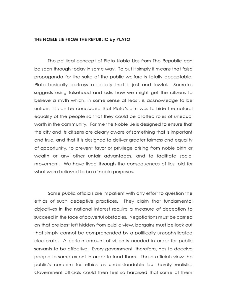 The Noble Lie From The Republic by Plato | PDF | Deception | Lie