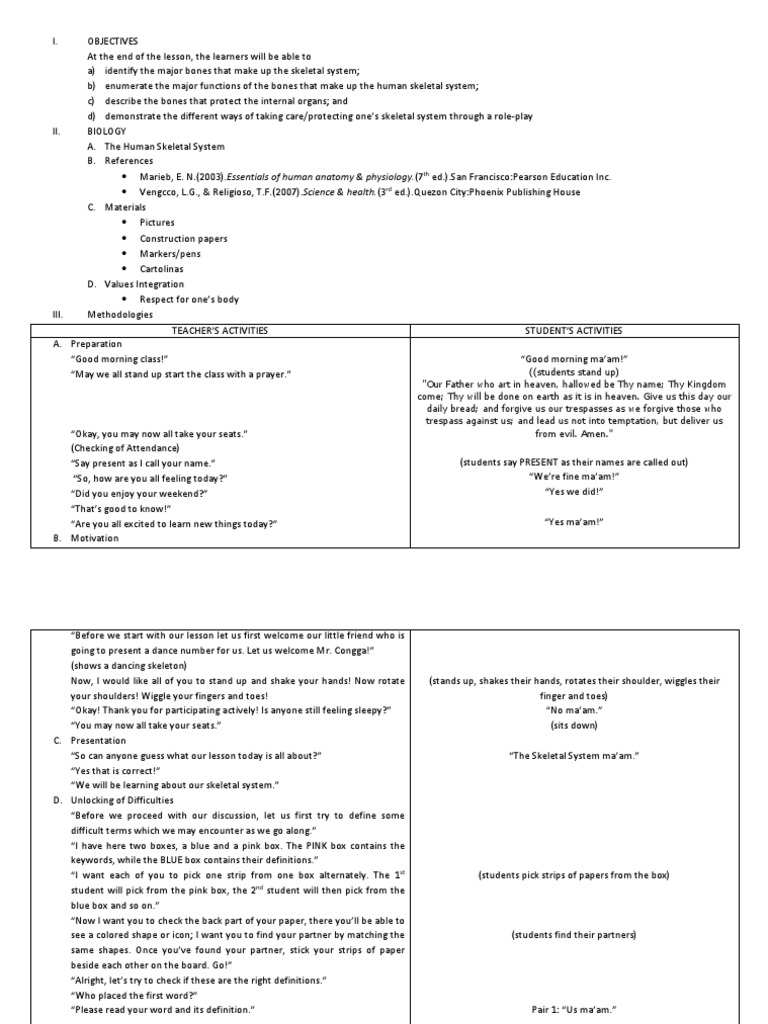 Detailed Lesson Plan Skeletal System | PDF | Human Body | Skeleton