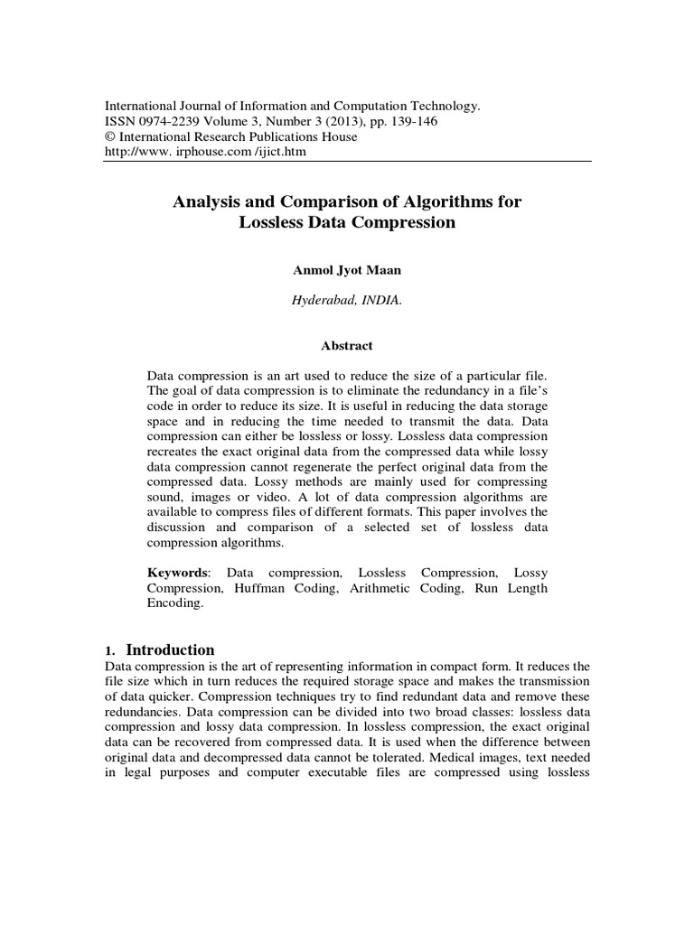 Analysis and Comparison of Algorithms For Lossless Data Compression ...