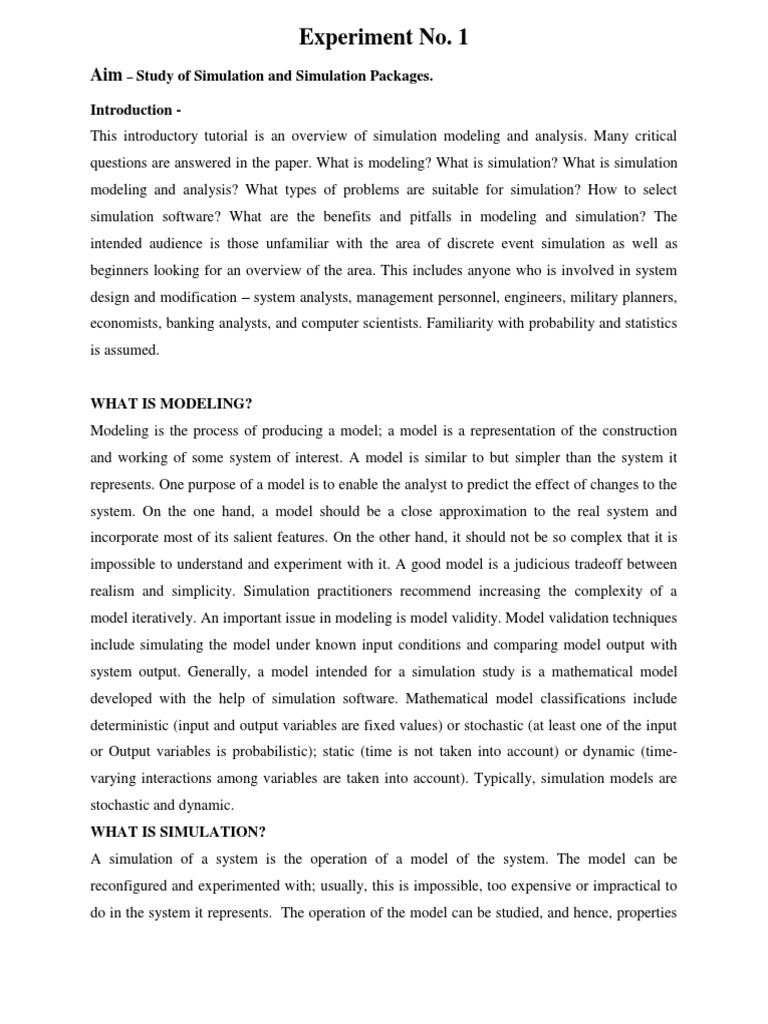 Experiment No. 1: Study of Simulation and Simulation Packages. Introduction | PDF | Mathematical ...