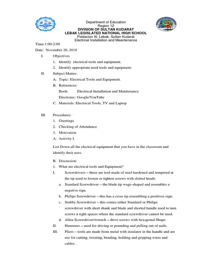 Lesson Plan in TLE Electrical Tools and Eqiupment | PDF | Wire ...