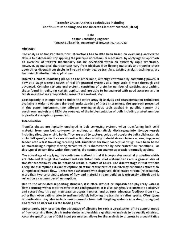 Transfer Chute Analysis Techniques Including Continuum Modelling and The Discrete Element Method ...
