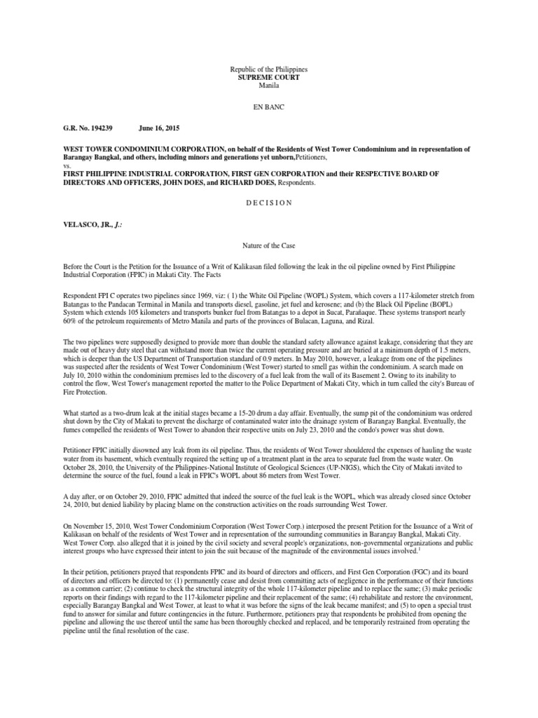 West Tower Condominium vs. FPIC | PDF | Pipeline Transport | Government