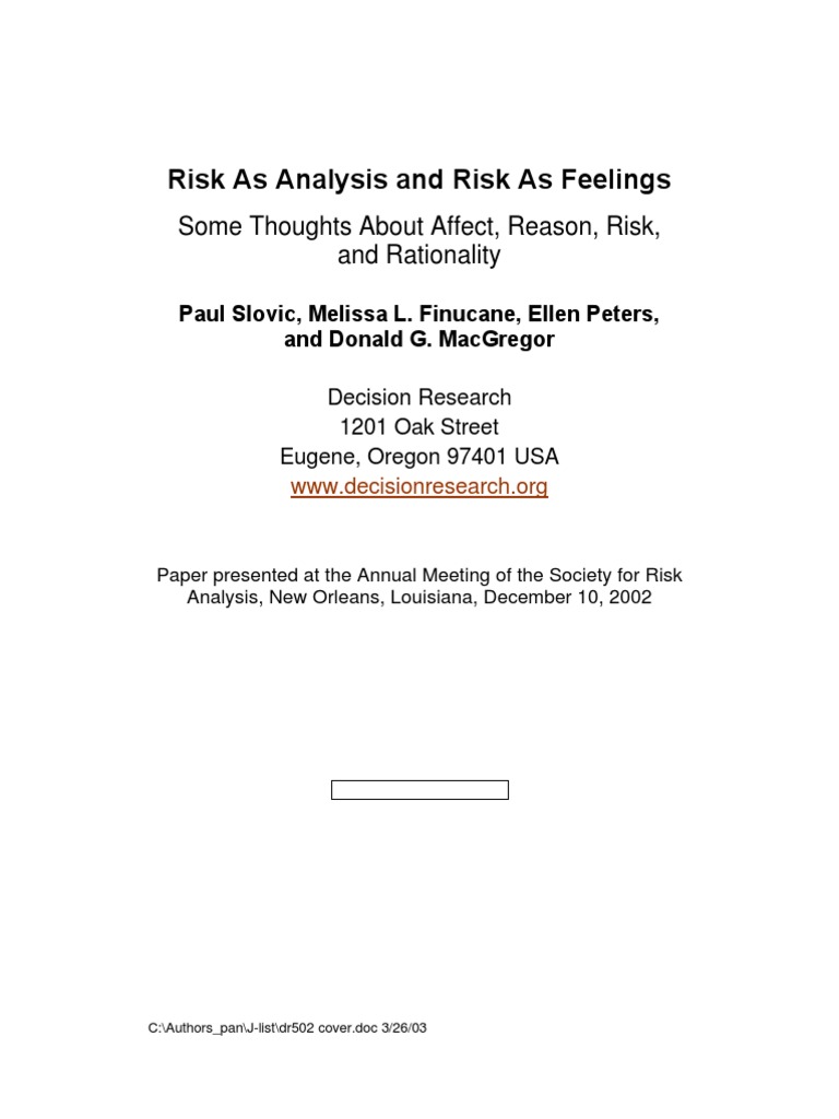 Risk As Analysis and Risk As Feeling | PDF | Affect (Psychology) | Risk