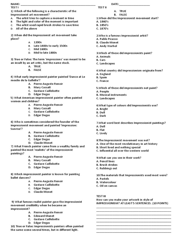 Impressionism Quiz | PDF | Impressionism | Edgar Degas