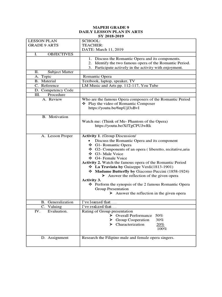 Sample Lesson Plan | PDF | Opera | Lesson Plan
