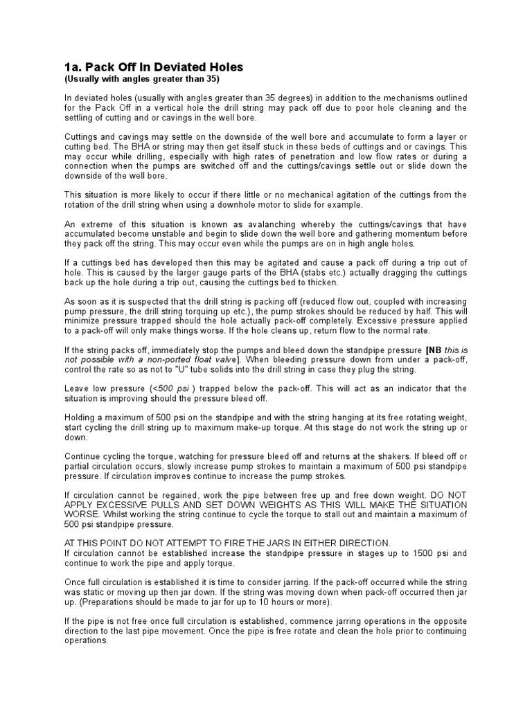 1a. Pack Off in Deviated Holes: (Usually With Angles Greater Than 35 ...