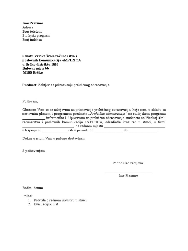 Zahtjev Za Priznavanje Prakticnog Obrazovanja Template | PDF