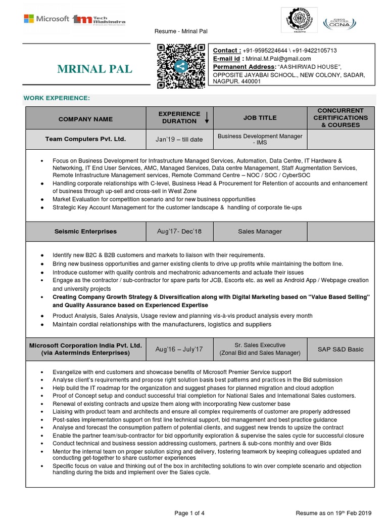 Mrinal Pal: Contact: E-Mail Id: Permanent Address | PDF | Sales | Business