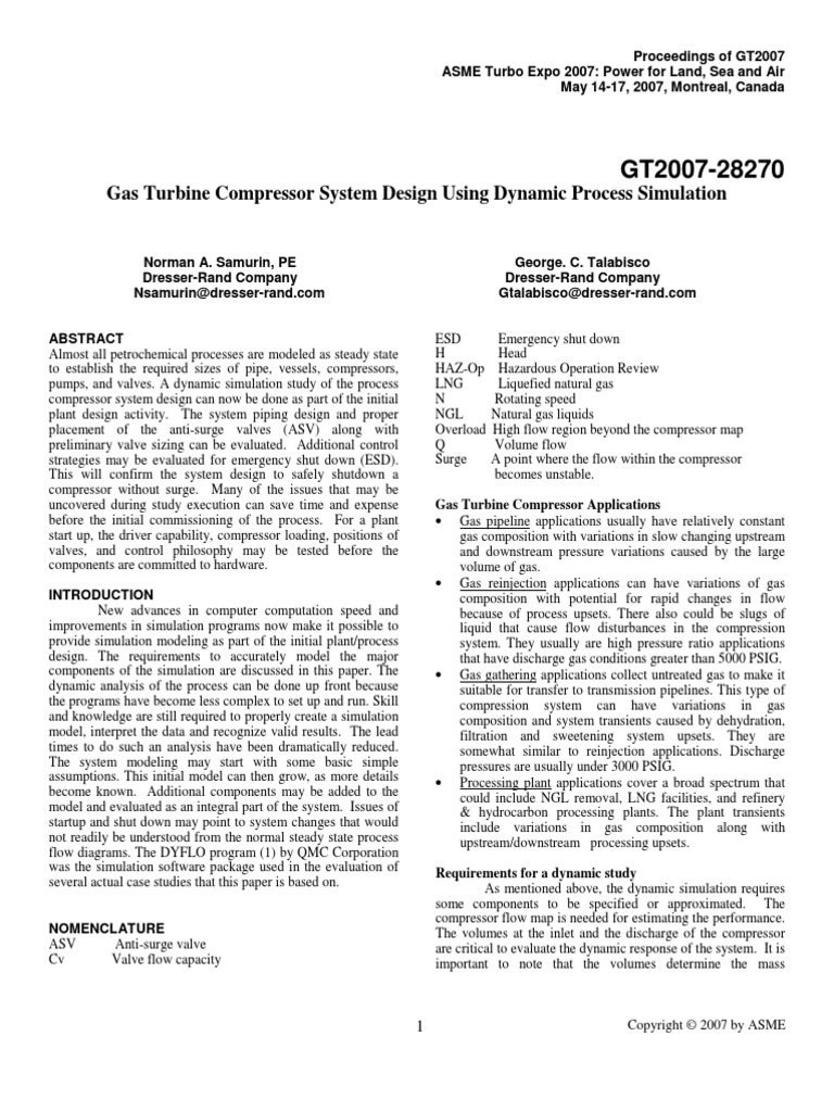 Gas Turbine Compressor System Design Using Dynamic Process Simulation Pdf Pdf Gas Turbine