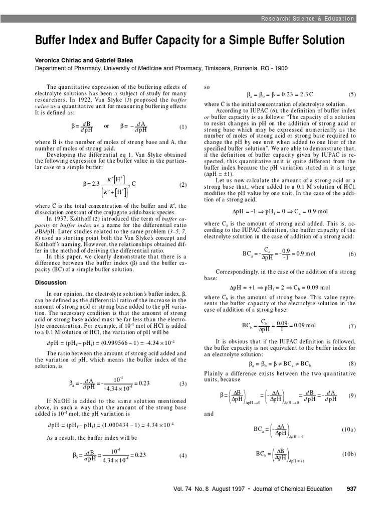 Buffer Index And Buffer Capacity For A Simple Buffer Solution Pdf Buffer Solution Ph 
