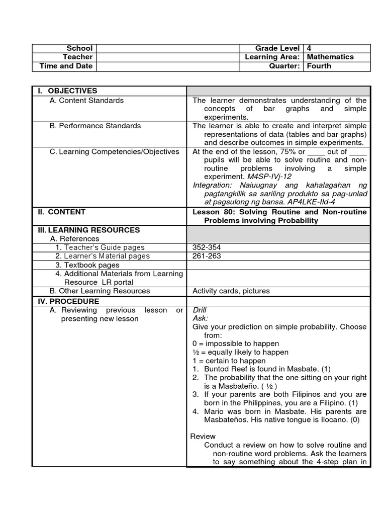 School Grade Level 4 Teacher Learning Area: Mathematics Time and Date ...