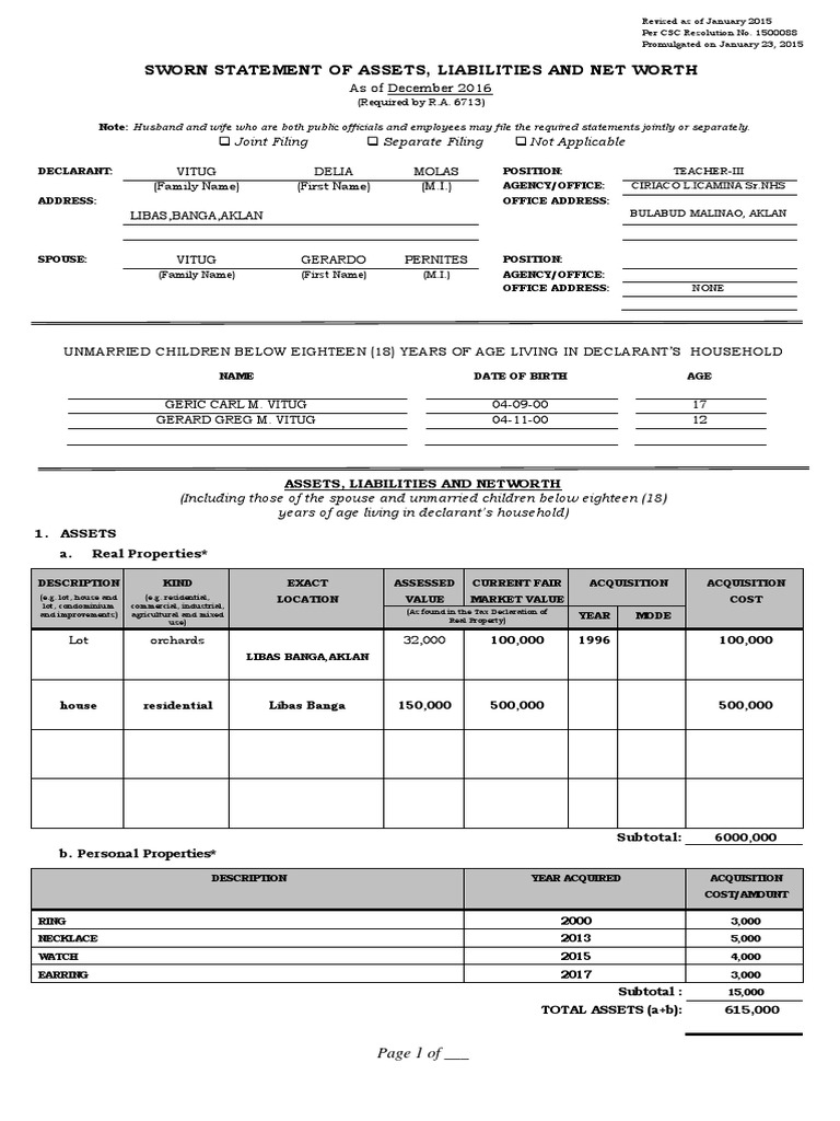 2017 SALN Form | PDF | Identity Document | Government