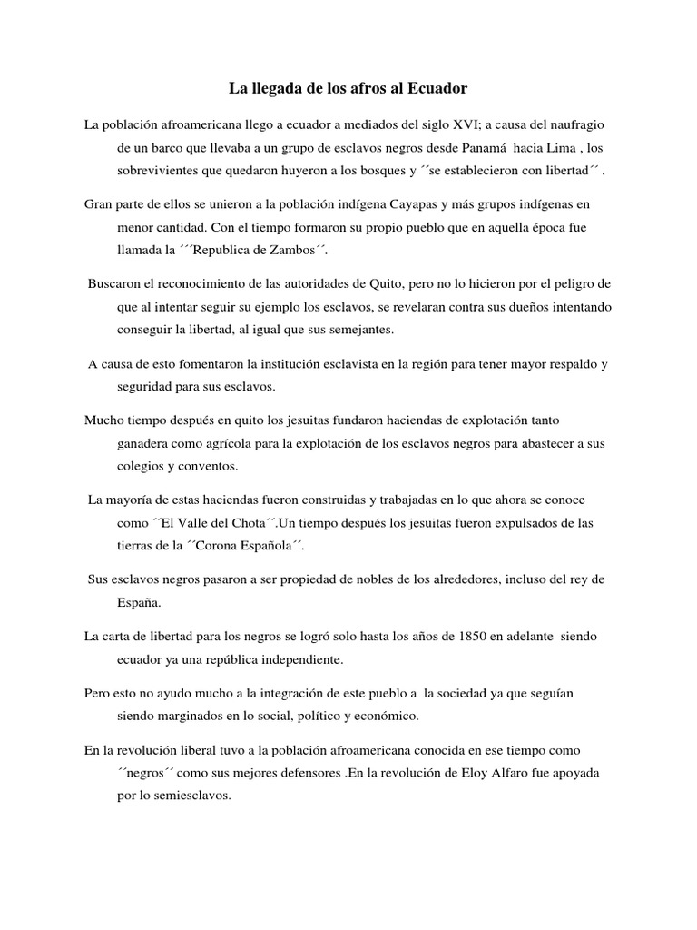 La Llegada de Los Afros Al Ecuador | PDF | Ecuador | Esclavitud