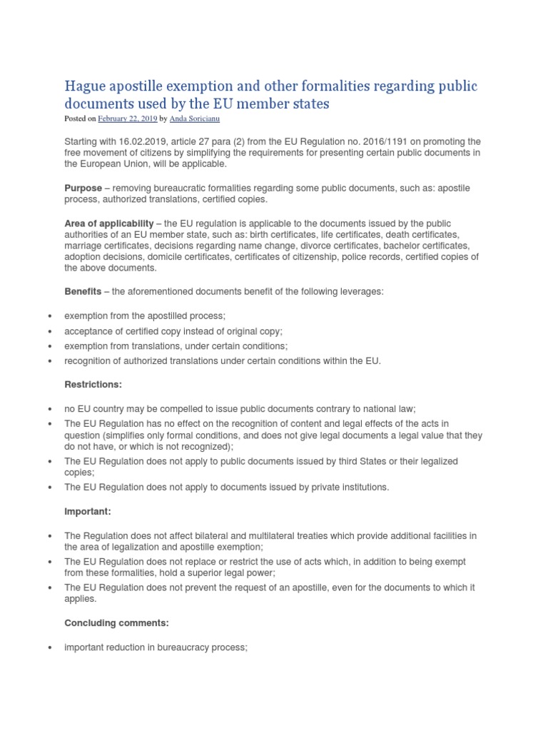 EU Apostille Exemption Overview | PDF | European Union | Citizenship