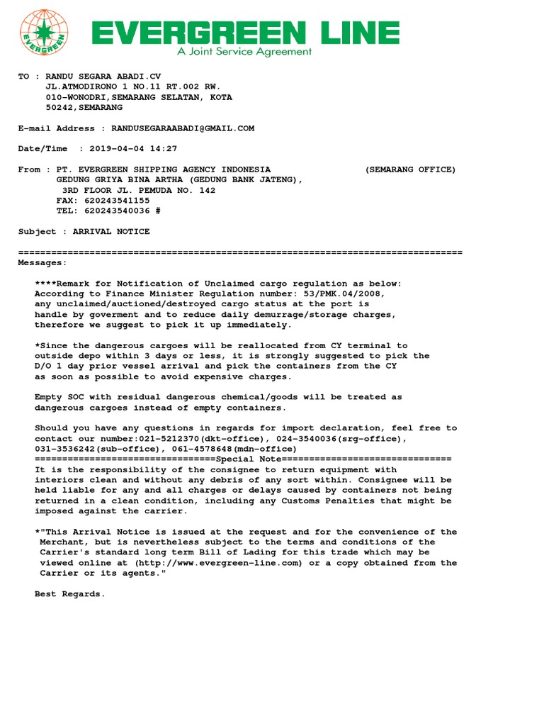 Arival Notice Herry PDF | PDF | Cargo | Logistics