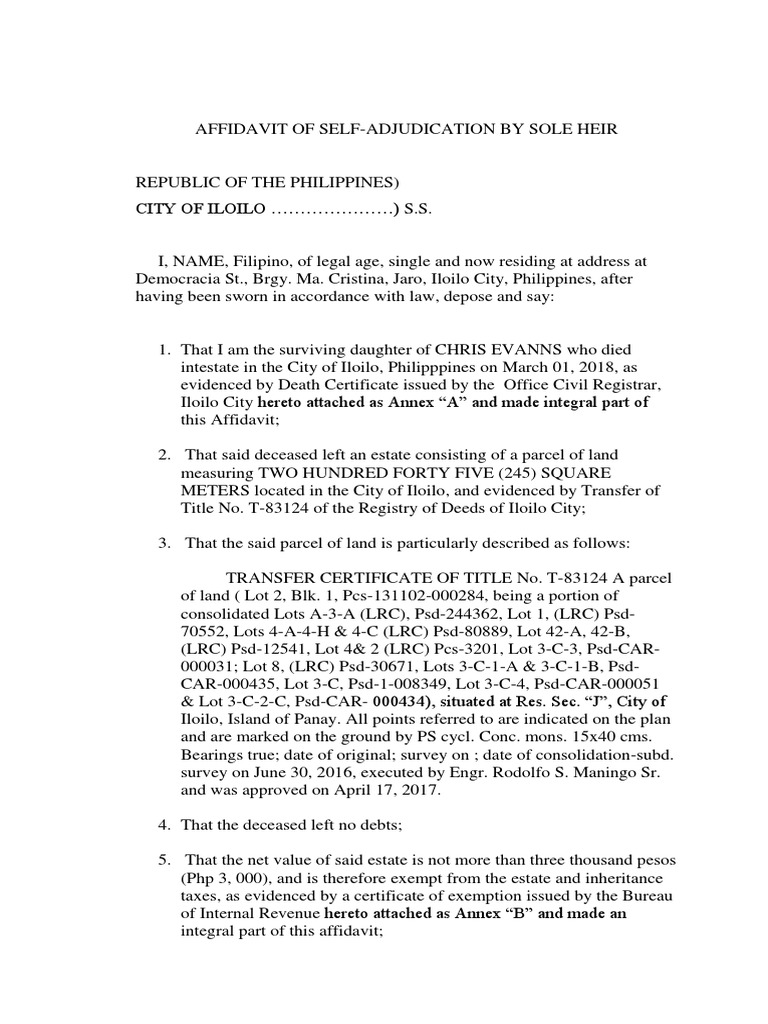 02 Affidavit of Self-Adjudication by Sole Heir | PDF | Private Law ...