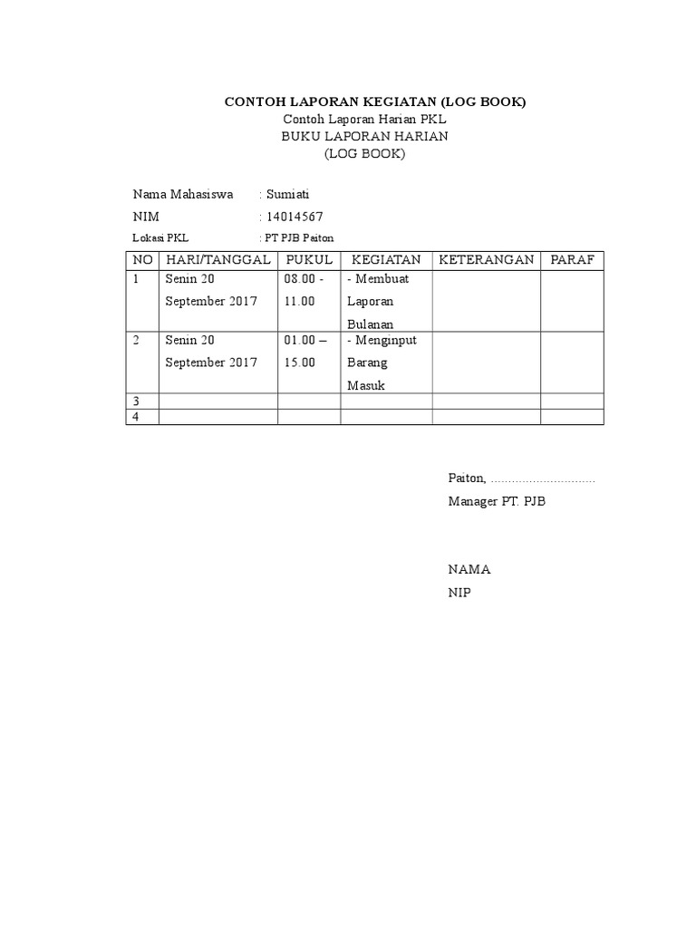 Contoh Laporan Kegiatan PKL (Log Book) | PDF