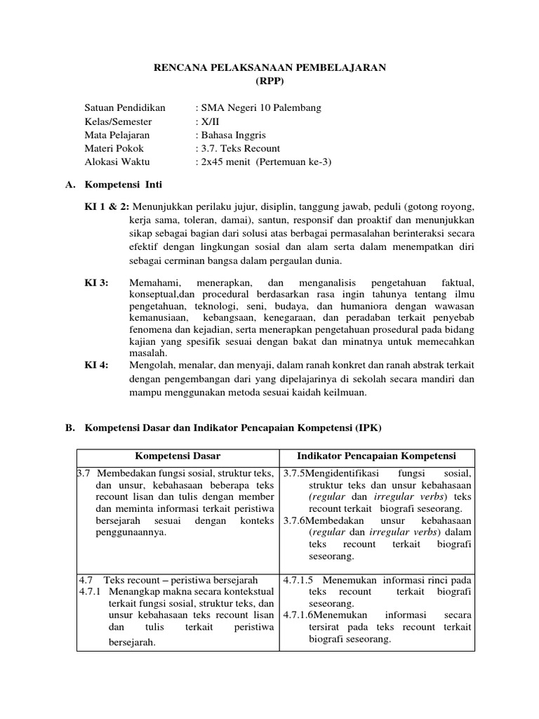 RPP Fix RECOUNT TEXT KELAS X MIA MEETING 3 | PDF