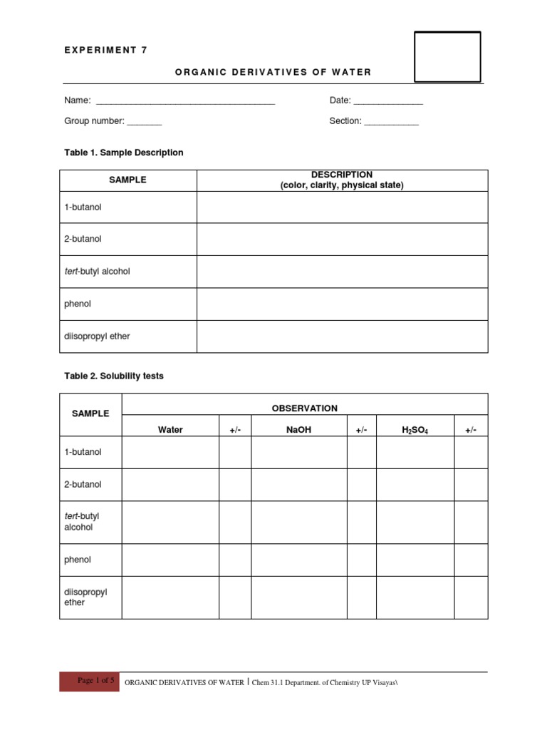 Experiment 7 Data Sheet PDF | PDF | Alcohol | Organic Compounds