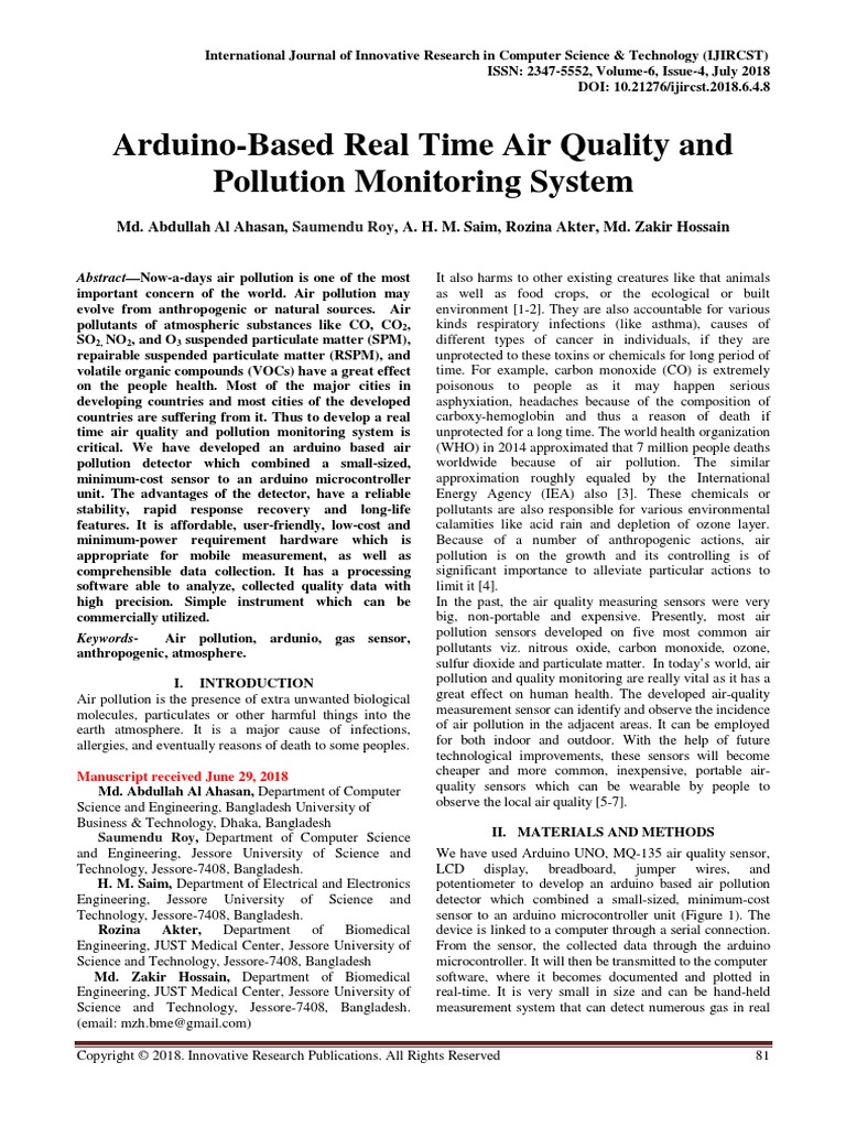 Arduino-Based Real Time Air Quality and Pollution | PDF | Air Pollution | Arduino