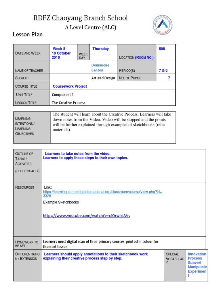 ALC Art Lesson Plan: The Creative Process | PDF | Lesson Plan | Applied ...
