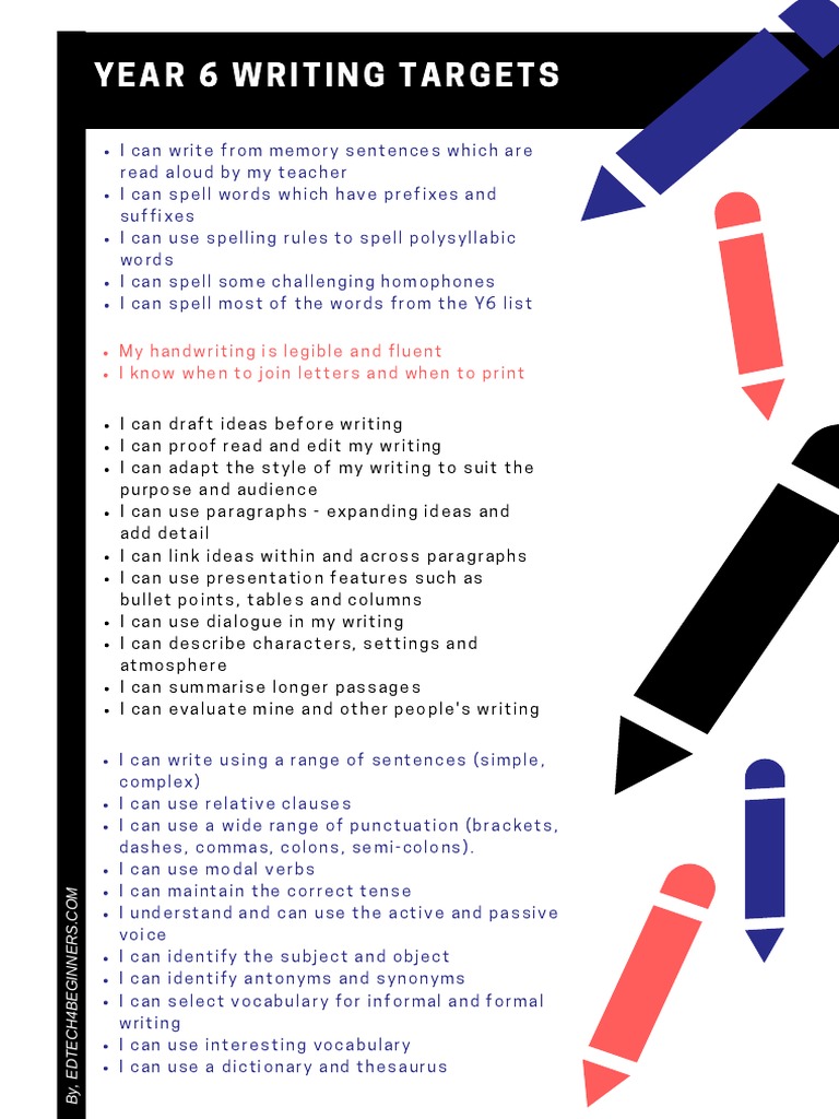 Year 6 Writing Skills Checklist | PDF | Career & Growth | Language Arts ...