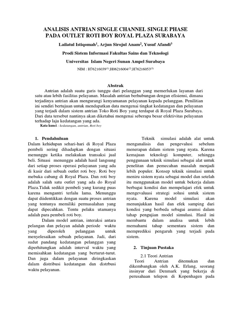 Analisis Antrian Single Channel Single Phase Pada Outlet Roti Boy Royal Plaza Surabaya | PDF