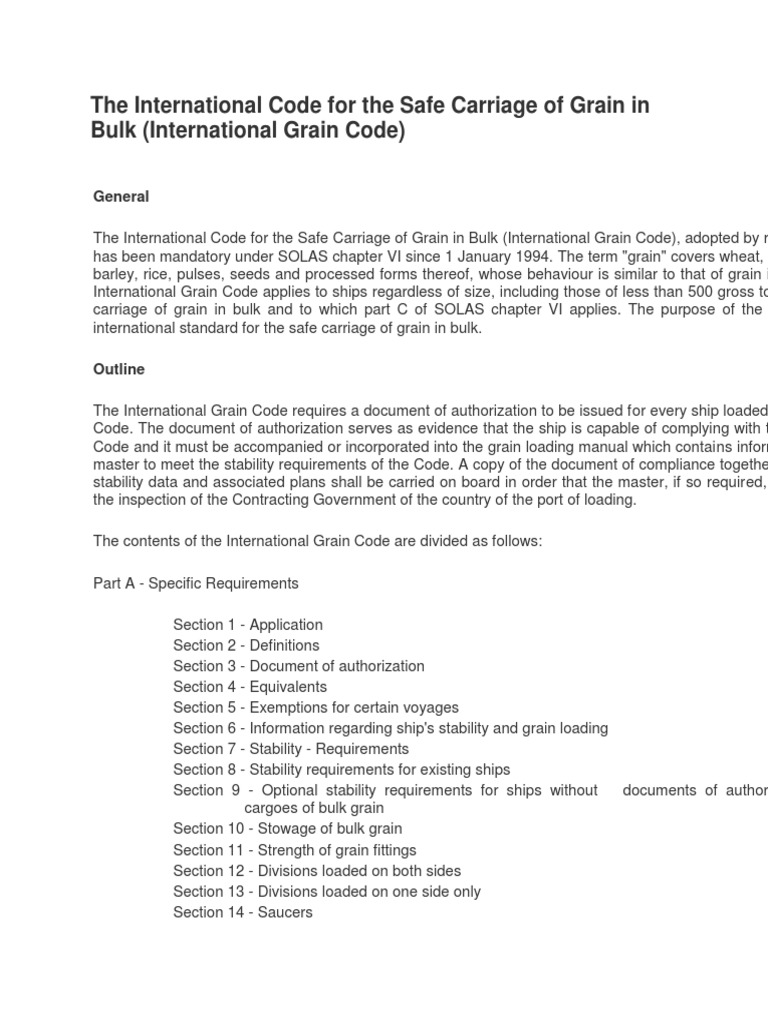 The International Code For The Safe Carriage of Grain in Bulk (International Grain Code) | PDF ...