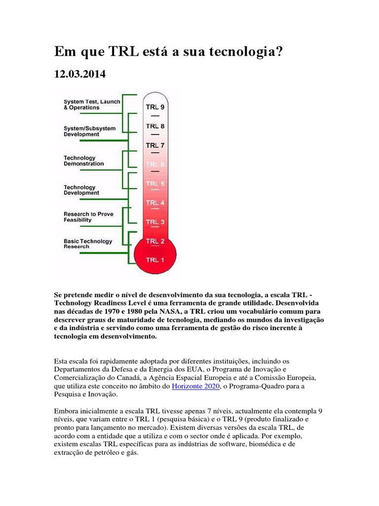 Em Que TRL Está A Sua Tecnologia?: Horizonte 2020 | PDF | Pesquisa e ...