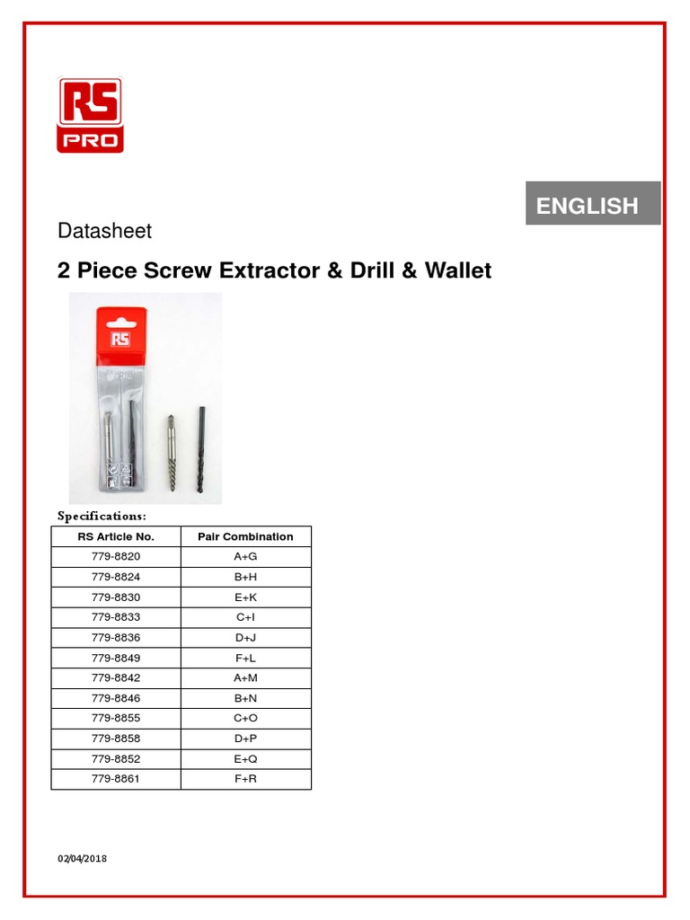 2 Piece Screw Extractor & Drill & Wallet: Datasheet | PDF | Screw ...