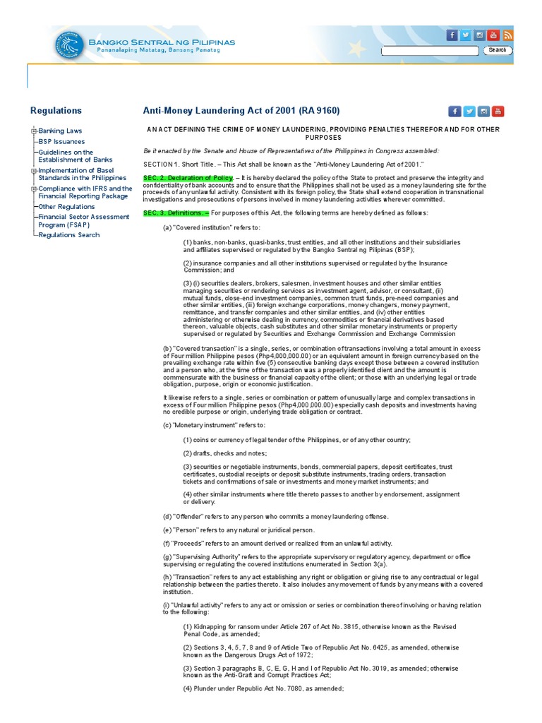 Regulations Anti-Money Laundering Act of 2001 (RA 9160) | PDF | Asset ...