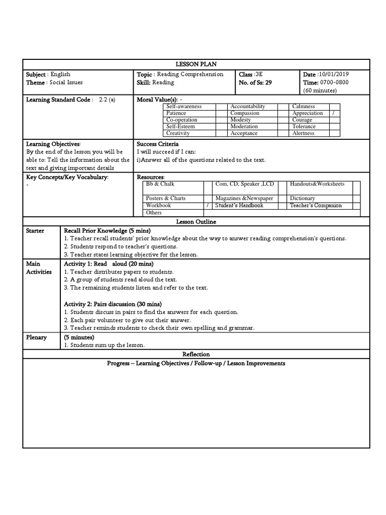 Reading Comprehension Lesson Plan | PDF | Reading Comprehension ...