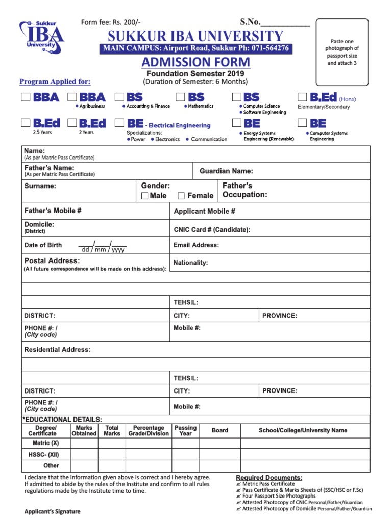 Sukkur IBA Admission Form 2019 | PDF