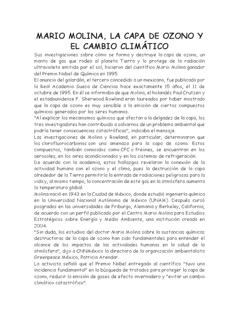 Mario Molina y la Capa de Ozono | PDF | Ozono | Clorofluorocarbono