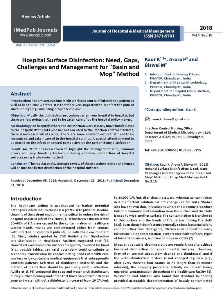Hospital Surface Disinfection: Need, Gaps, Challenges and Management ...