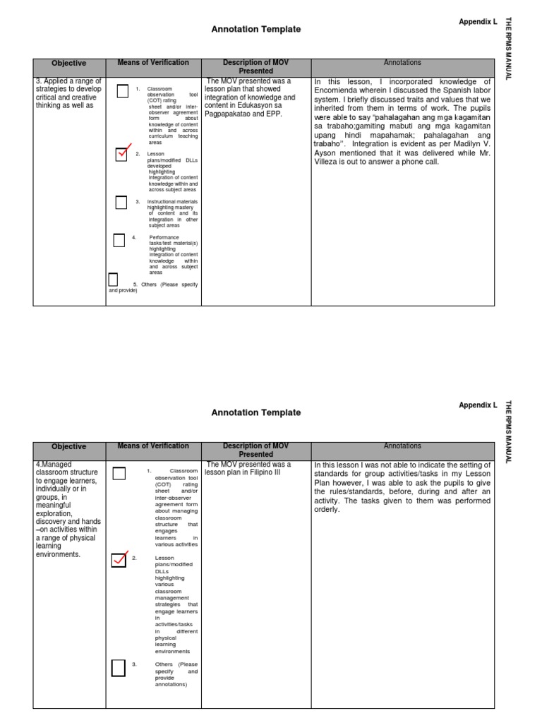 IPCRF ANNOTATION Example - Template | PDF | Lesson Plan | Behaviorism