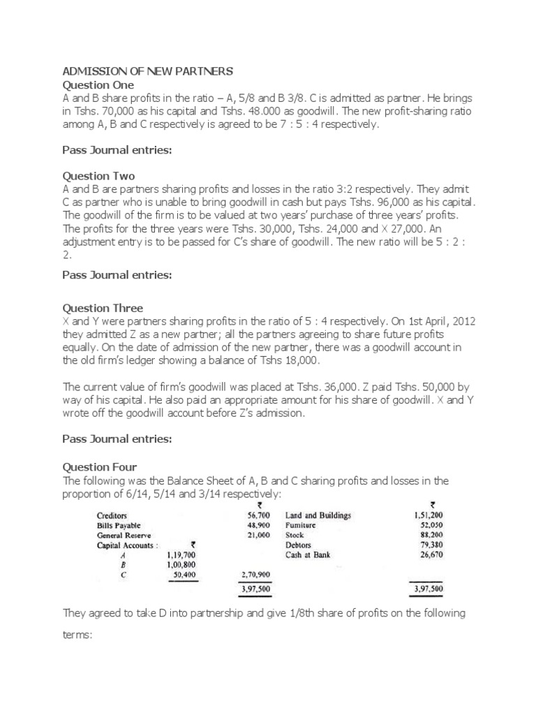 Journal Entries for the Admission of New Partners and Adjustments to ...