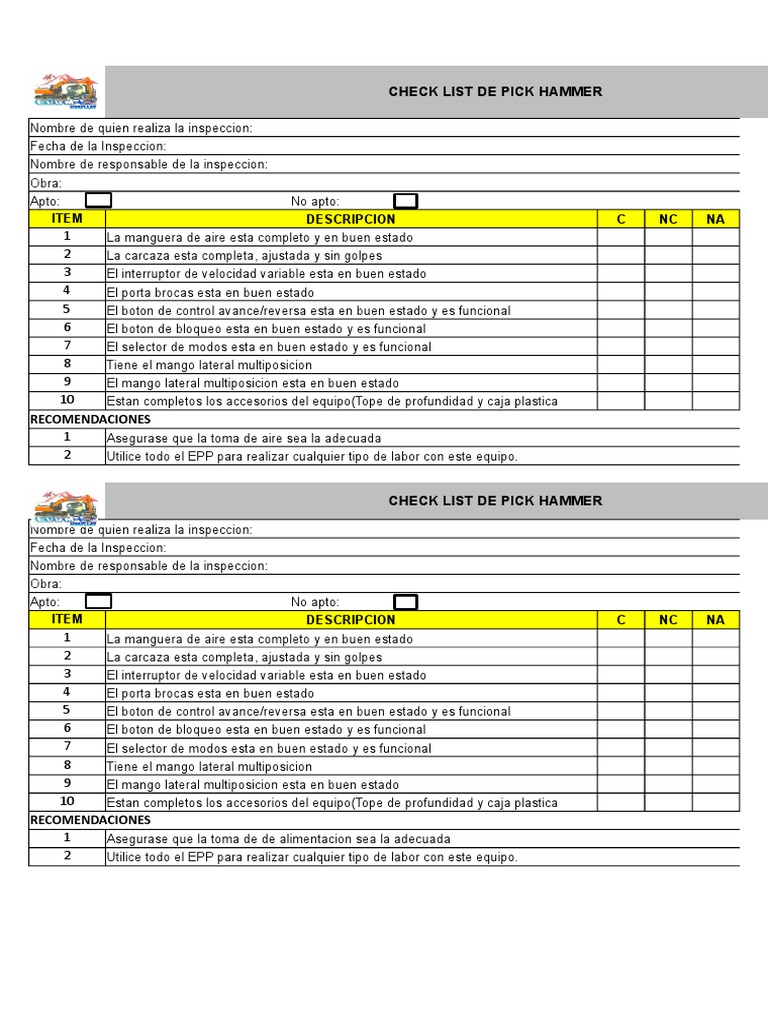 Check List de Pick Hammer Neumatico | PDF