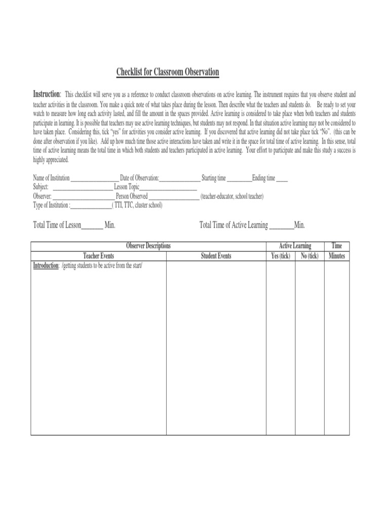 Classroom Observation Checklist | PDF